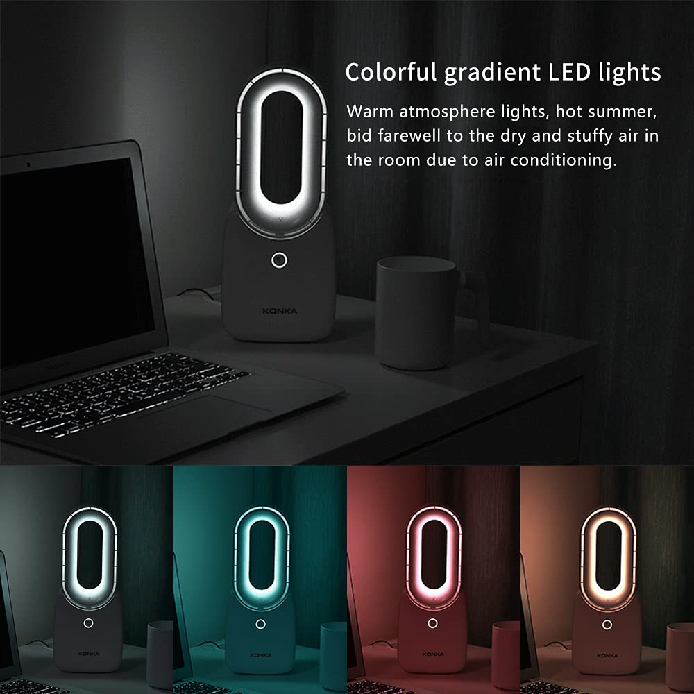 let'me Desk Fan, Small Bladeless Fan Quiet Table Fan, 11.8in Battery Operated Personal Desktop Fan with 5-Colors Lights, Touch Control, Rechargeable Breeze Fan for Bedroom, Office, Home