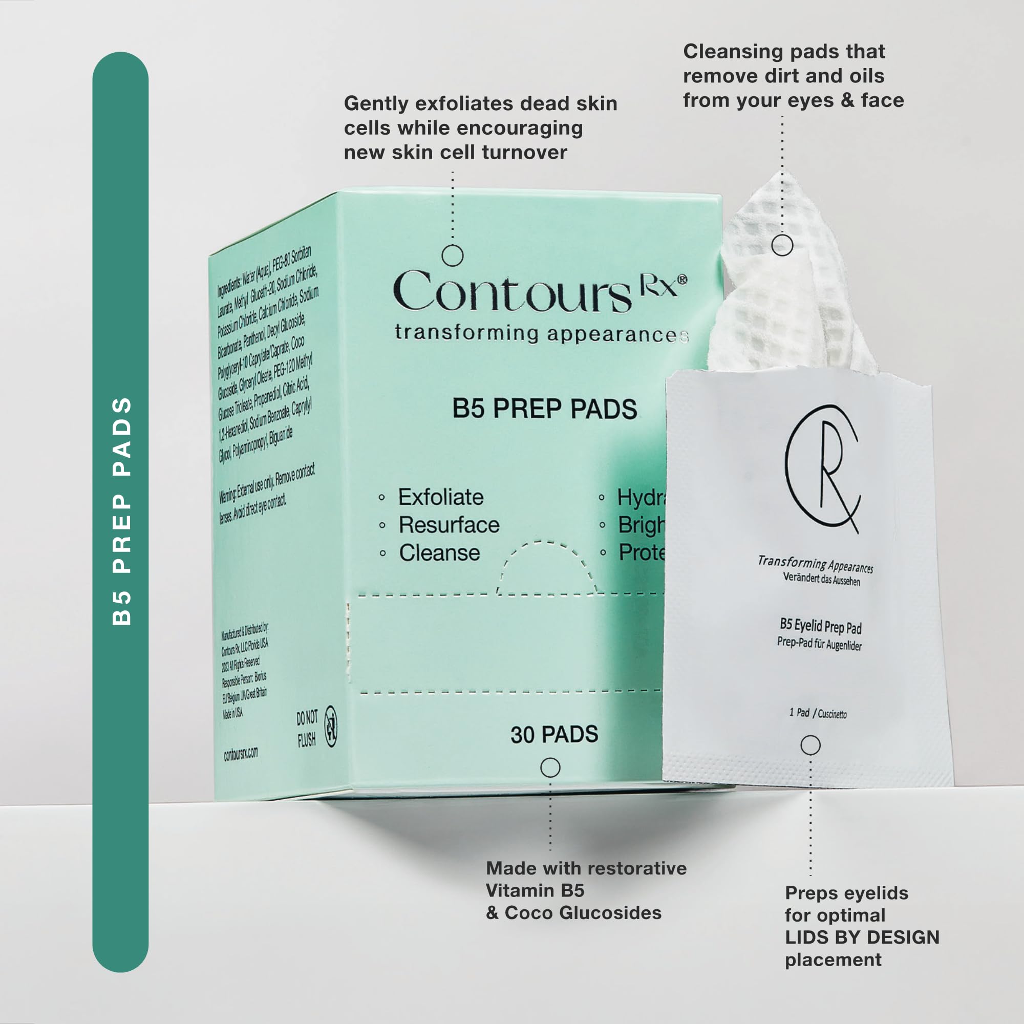 Contours Rx B5 Eyelid Prep Exfoliating Pads - Everyday Eyelid Cleansing Wipes & Makeup Remover Pads - Restorative Vitamin B5 Eyelid Cleanser Prep Pads to Brighten, Nourish & Hydrate (30 Pack)