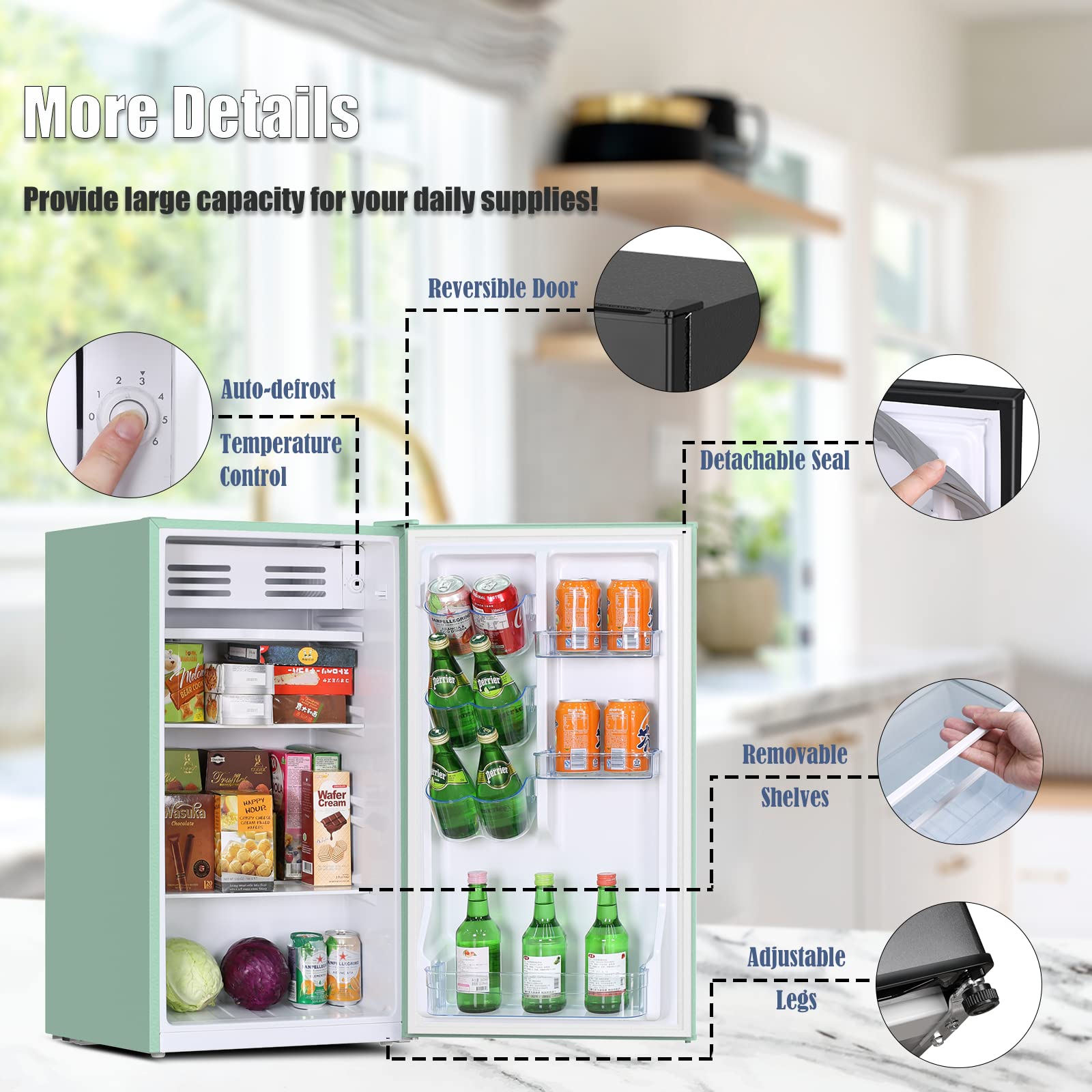 Frestec Mini Fridge with Freezer,Small Refrigerator,Mini Fridge for Bedroom,3.1 Cu Ft Single Door Compact,Energy Saving,Low Noise,Mini Fridge for Office (Retro Green with Handle)