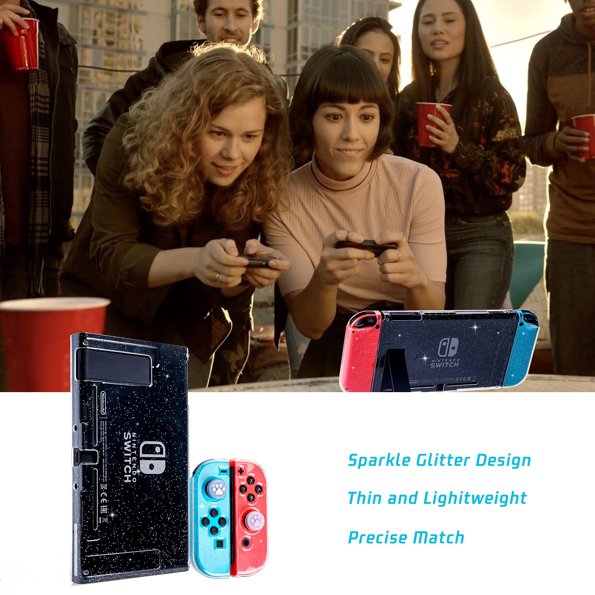 FANPL Glitter Clear Case for Nintendo Switch, Hard Shell Dockable Protective Case Cover for Switch and Joy Con Controller with 2 Bling Thumb Grips (Transparent)