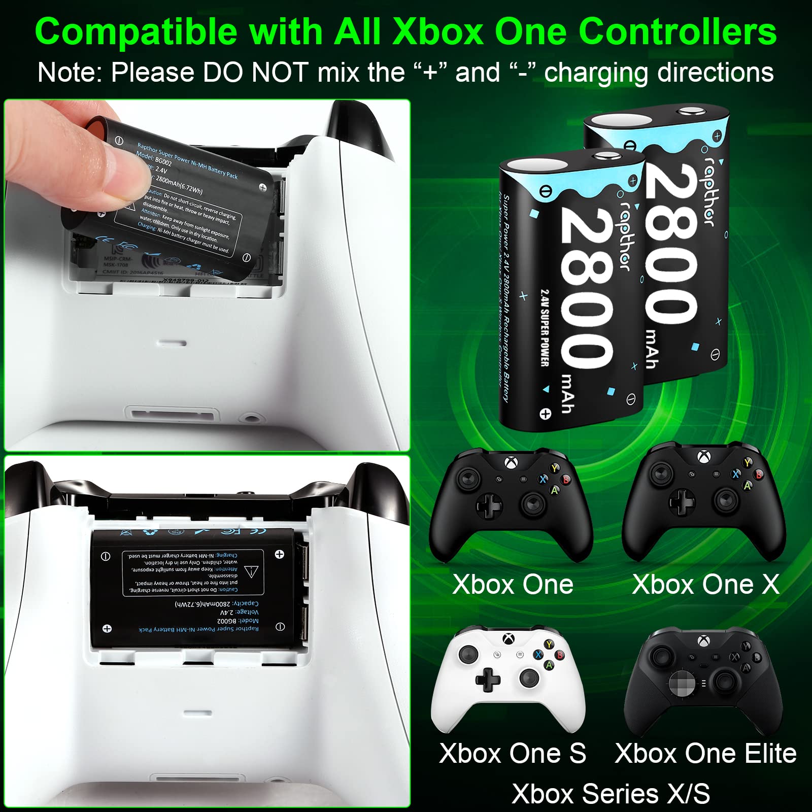2800mAh High Power Rechargeable Controller Battery Pack for Xbox One/One X/One S/Series X/S, 3 Hours Fully Charged, 25+ Hours Playing time Each Battery Pack, 2000 Recharging Times(2 Batteries+Charger)