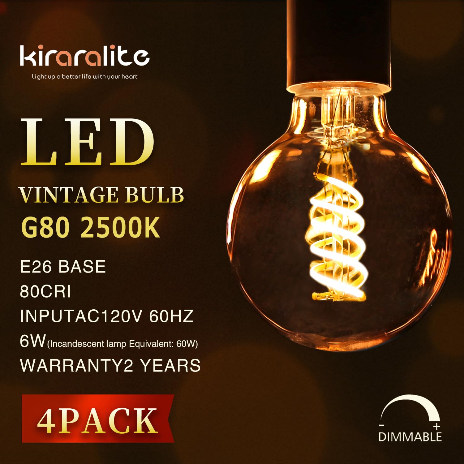 G25 LED Globe Light Bulbs, Antique Flexible Spiral LED Filament Light Bulb, Vintage LED Edison Bulb,4 Pack, Warm White 2500K,6W Equivalent to 60W, 600LM,Dimmable with 80+ CRI,E26 Base, Amber Glass