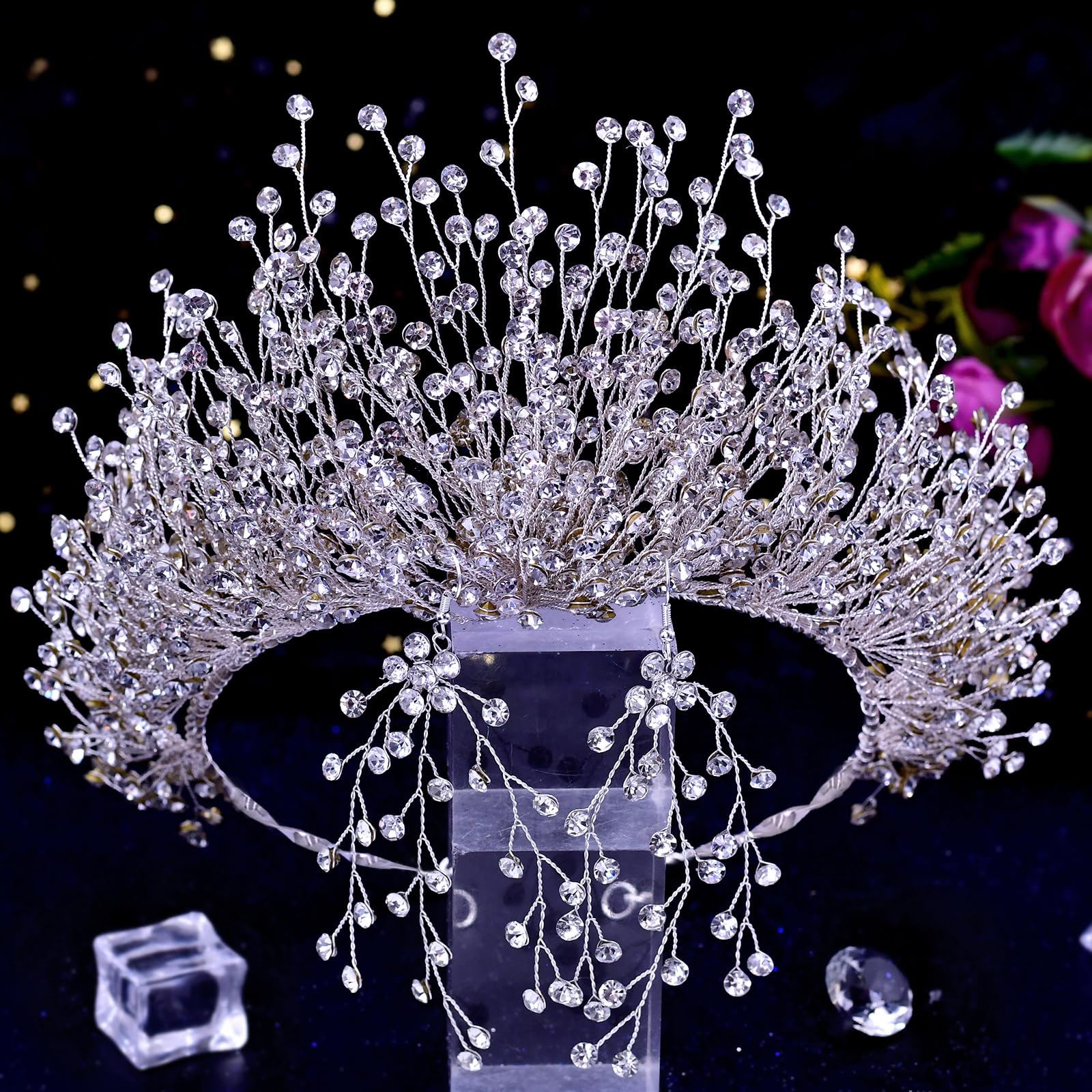 Bridal Wedding Headband Crystal Tiara Crown,Queen Tiaras and Crowns,Wedding Bride Crowns For Birthday Party Wedding Pageant Hair Accessories (Silver/Crown + necklace + Earrings)