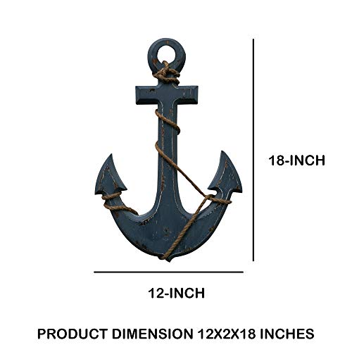 Benzara Nautical Distressed Hanging Wooden Anchor Art Decor with Rope, Blue