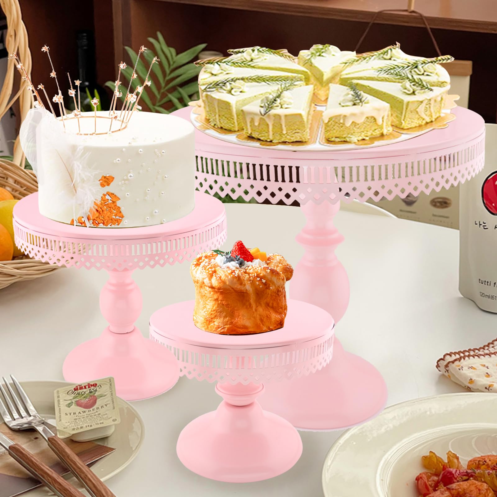 3-Set Cake Stand Round Cake Stands for Wedding Event Birthday Party Baby Shower (Pink)