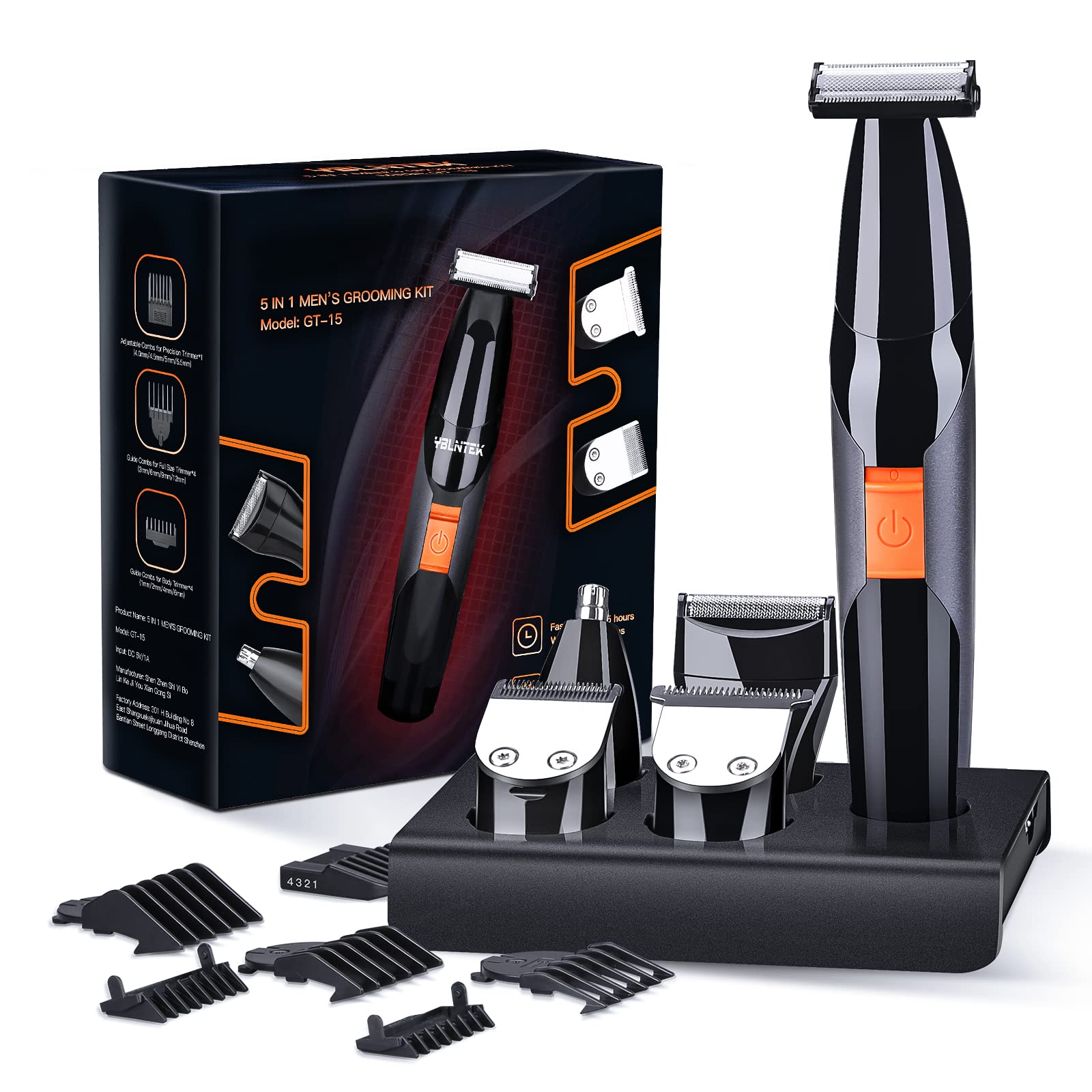 YBLNTEK Beard Trimmer for Men, Cordless Electric Razor for Men Face Beard Shaver Nose Trimmer Hair Clippers Body Hair Trimmer Groomer for Men, Waterproof Mustache Trimmer 5 in 1 Mens Grooming Kit