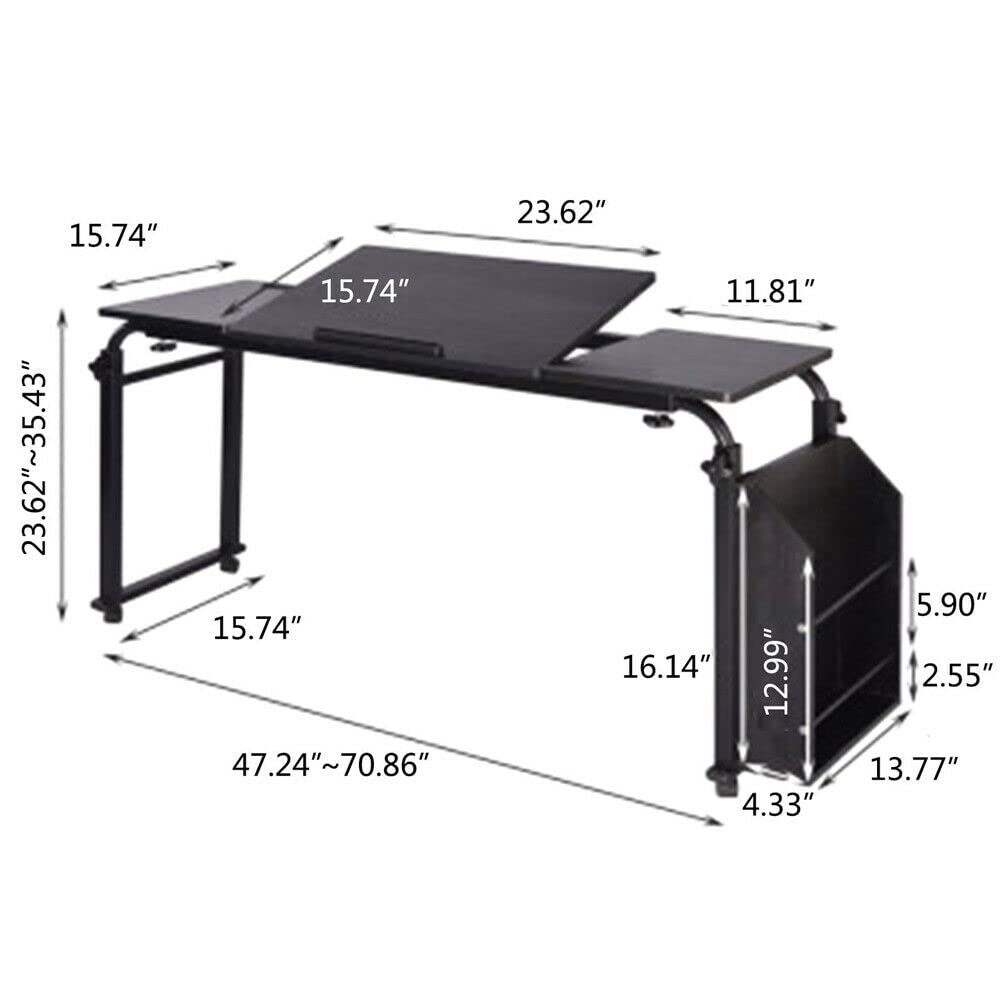 JAYEUW Multifunctional Computer Desk, Overbed Table Laptop Desk, Height+Length Adjustable Standing Desk, Movable Study Writing Desk w/Wheels, Adjustable Table Top+Storage Shelf (US Stock)