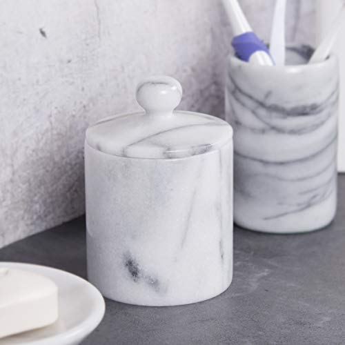 Creative Home Natural Marble Spa Collection Cotton Ball Swab Holder, Bathroom Countertop Storage Jar Container Organizer, Off-White (Color May Vary)