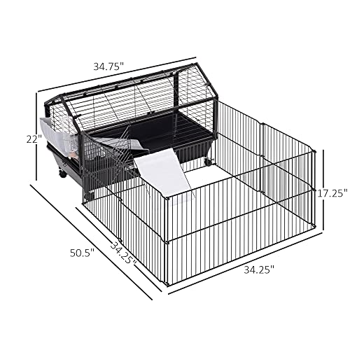 PawHut 2-Level Rolling Small Animal Playpen & Cage, Foldable Small Rabbit Fence, Guinea Pig House, Hedgehog Cage, Water Bottle, Water Bowl, Pet Exercise Pen, 35" L