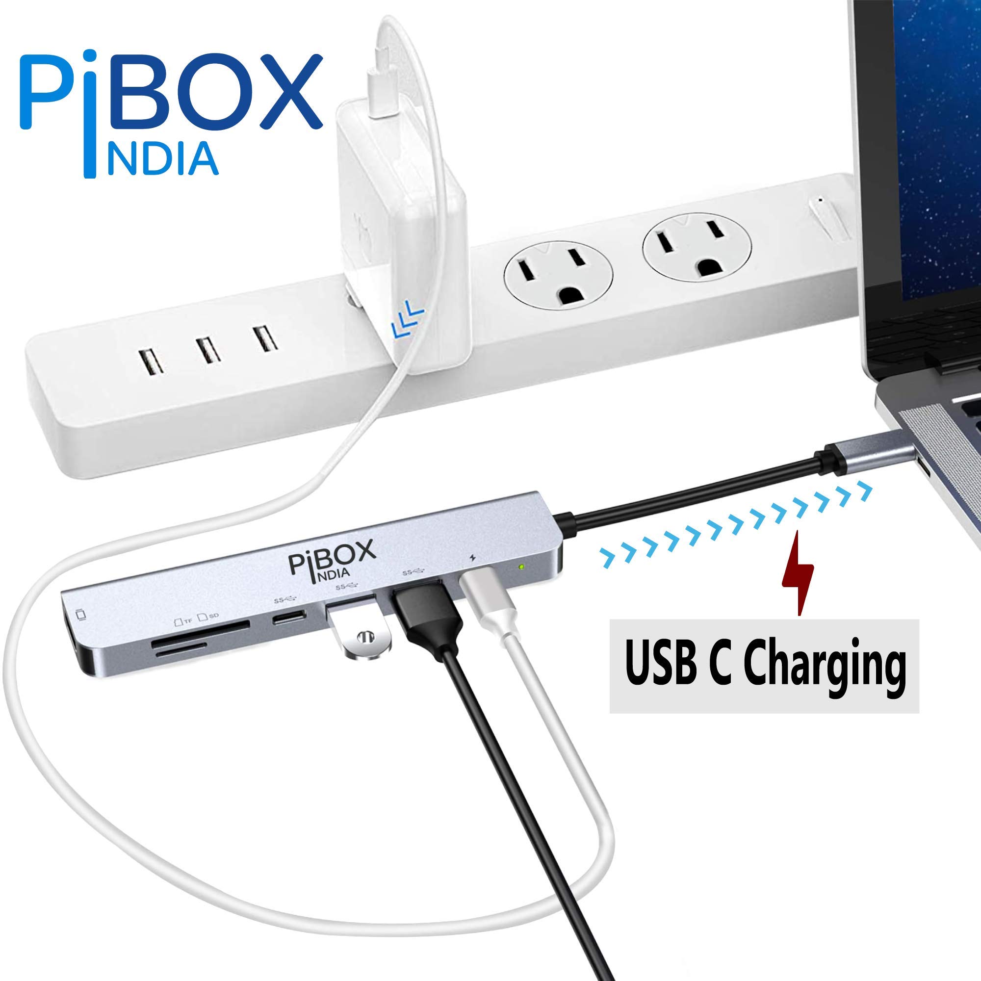 pibox India - USB C Hub Dock- 7 in 1 with HDCP 2.2, Aluminum Type C Adapter with 4K HDMI Port, USB 3.0 Port, USB-C Power Delivery, TF/SD Card Reader, MacBook Air, Pro/Dell (Grey)