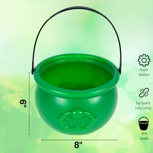 8" St Patricks Day Pot of Gold Decorations Plastic, Green Pot of Gold Cauldron Plastic Bucket Decor for St Patricks Day Table Decorations, & Centerpiece by 4E's Novelty