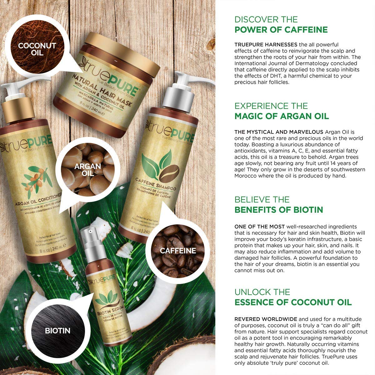 TruePure Hair Bundle - Caffeine Shampoo 8oz + Argan Oil Conditioner 8oz + Biotin Hair Growth Serum 2oz