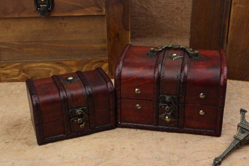 Coolrunner 2pcs Antique Vintage Wooden Box Stamp Flower Small Metal Lock Jewelry Treasure Chest Handmade Retro Wood Organizer Case Box (2 pcs)