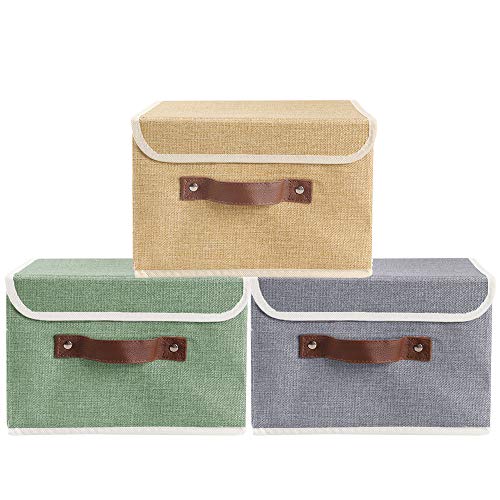 Lucky Monet 2 Pack Linen Fabric Foldable Storage Bin Set Collapsible Storage Box Cube Closet Organizer with Lid & Faux Leather Handle, 10βx8βx7β (Green)