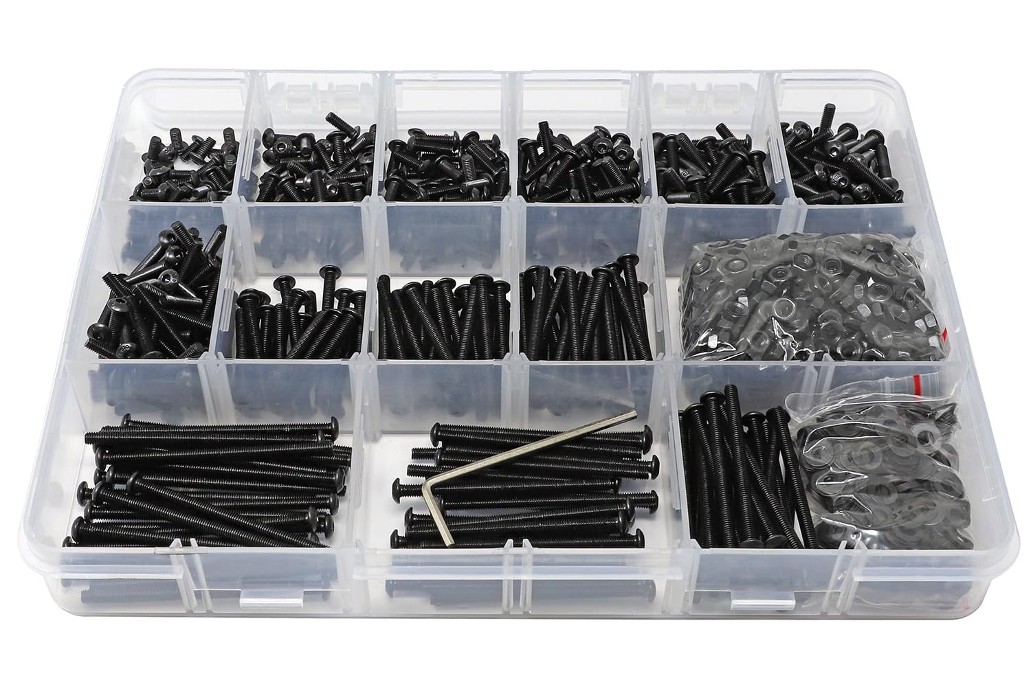 iexcell 1500 Pcs M3 x 6/8/10/12/14/16/20/25/30/35/40/45/50 Alloy Steel 10.9 Grade Hex Socket Button Head Cap Screws Bolts Nuts Washers Assortment Kit, Black Oxide Finish