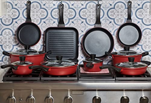 Bergner - Retro Cookware - Pots and Pans Set Nonstick - Induction Cookware - 10 Piece Pan Set - 8"/10" Fry Pans, 1.3qt Saucepan, 2.5qt Saucepan, 2.5qt Sautepan with Lids, 7qt Dutch Oven - Red