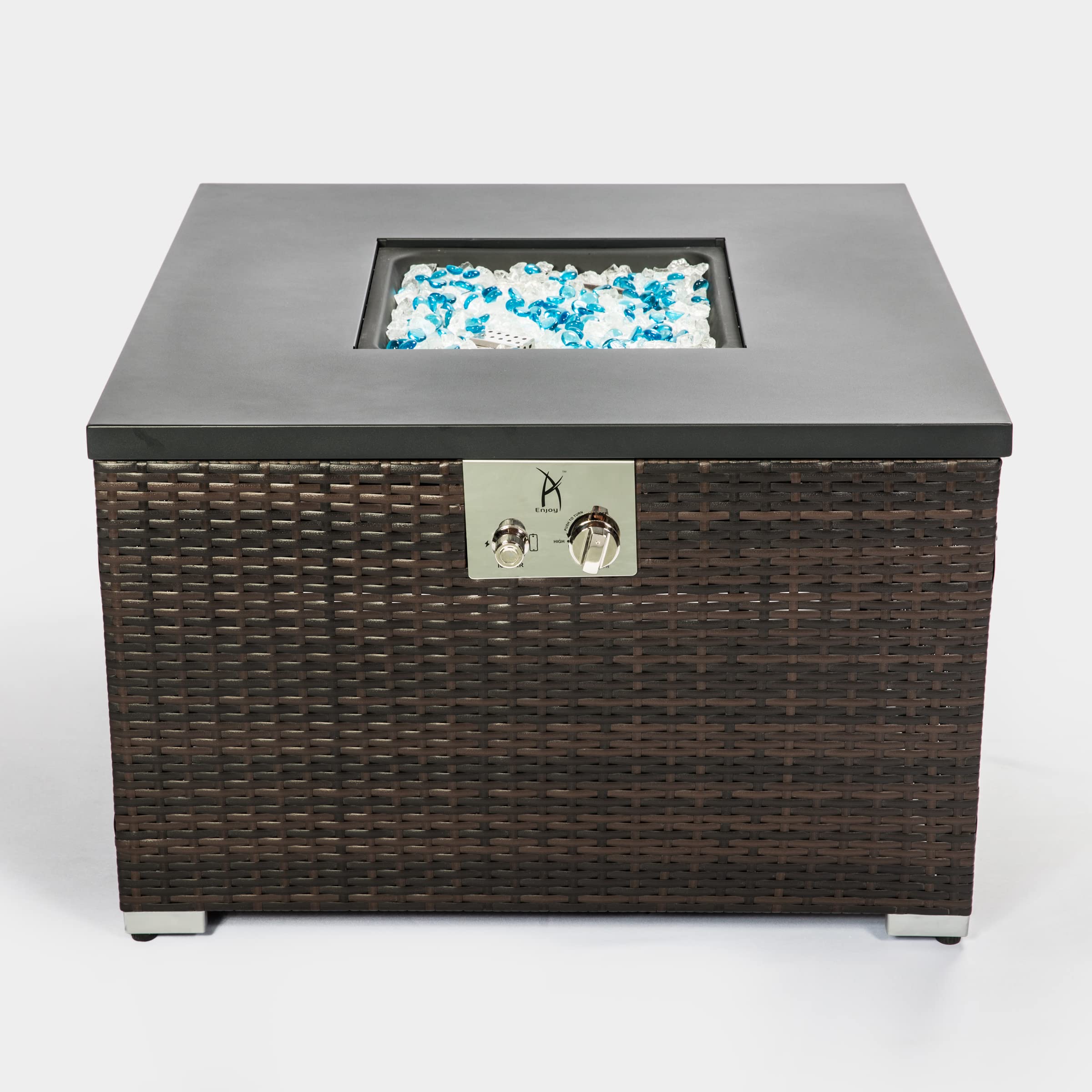 28in Gas Fire Pit Table, 40,000 BTU Outdoor Wicker Patio Propane Firepit w/Faux Wood Tabletop, Clear Glass Rocks, Cover, Hideaway Tank Holder, Lid 9（ Brown）