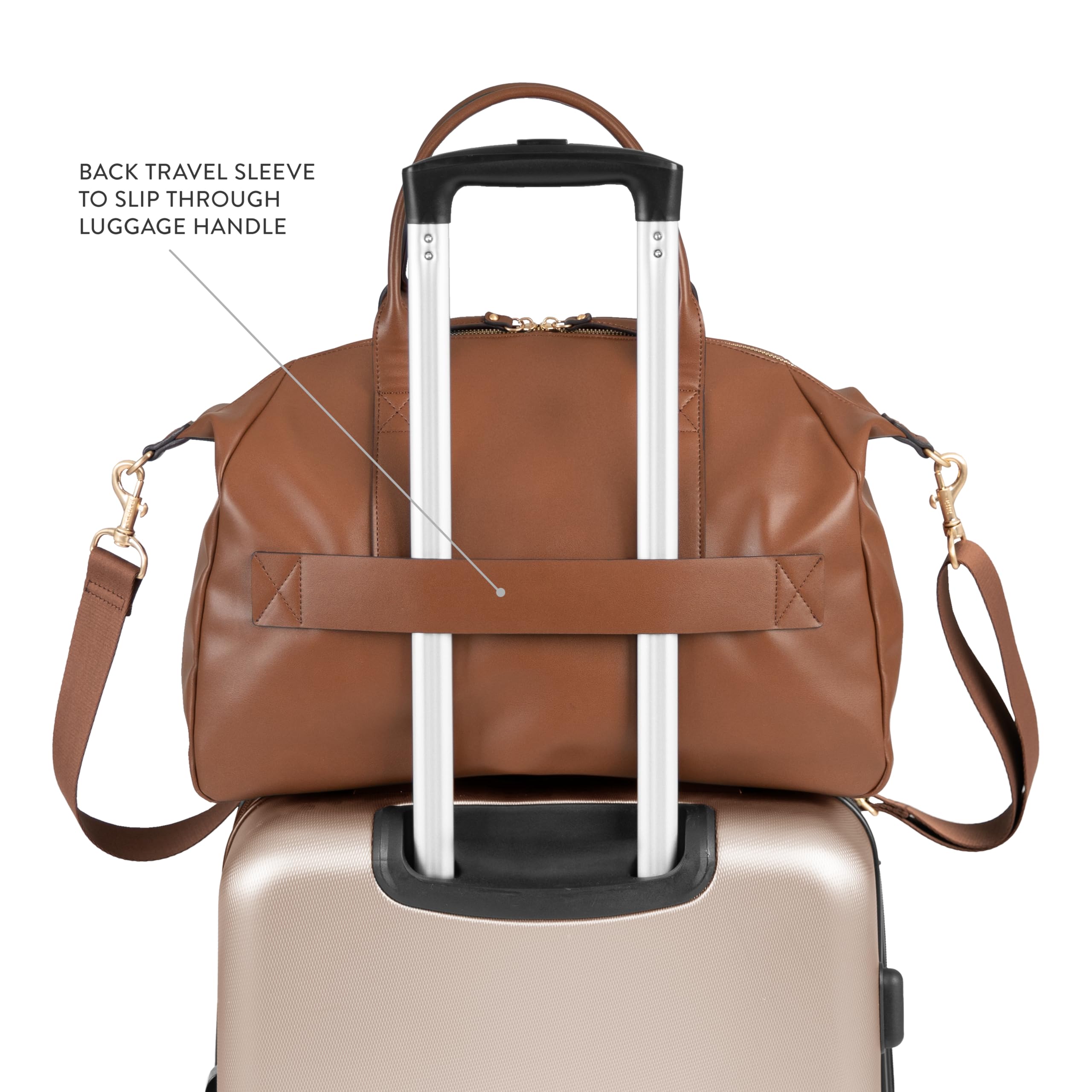 TWELVElittle Peek A Boo Vegan Leather Satchel Diaperbag - Baby Bag with Wipes Pouch, Stroller clips and Diaper Changing Mat, Toffee, Vegan Leather