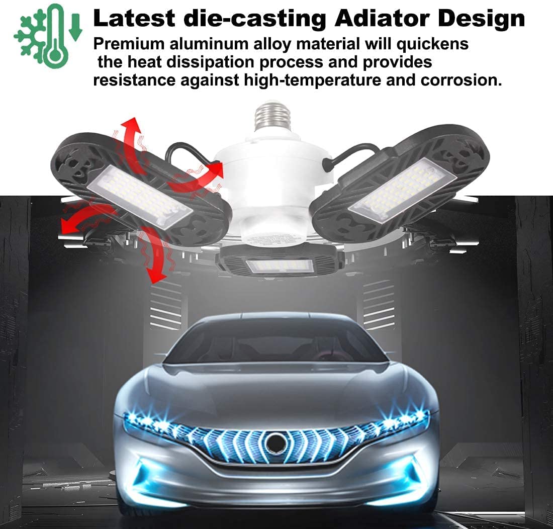 OOOLED 2 Pack LED Garage Lights, 80W LED Garage Lighting, Deformable LED Garage Lights Supporting E26 Screw Socket, 9600LM 6500K Super Bright White, LED Lights for Garage, Workshop, Basement