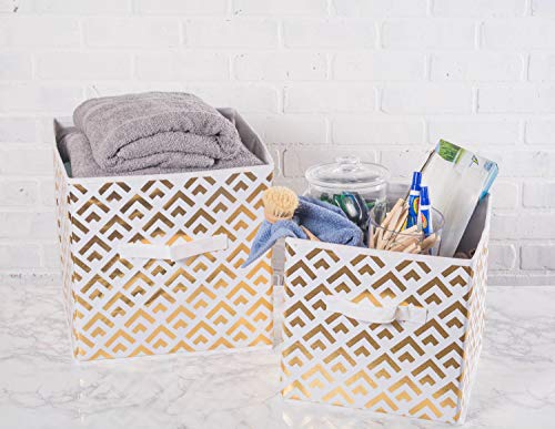 DII Non Woven Polyester Metallic Diamond Storage Bin, Small Set of 2, White/Gold