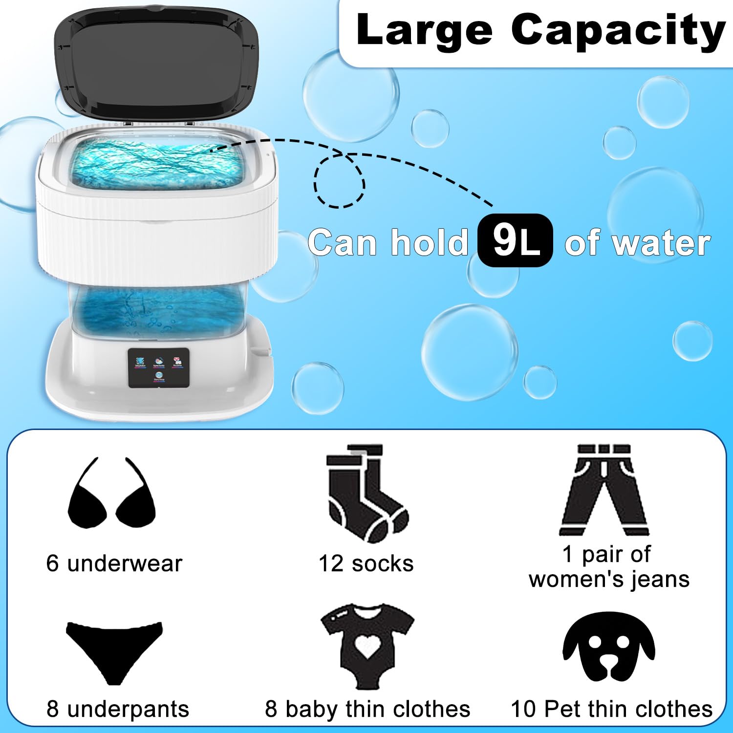 Portable washing machine, Mini foldable washing machine, 9L large capacity, with rotary dryer, for underwear, socks, easy cleaning, baby clothes, suitable for apartment, dormitory, travel (Grey)