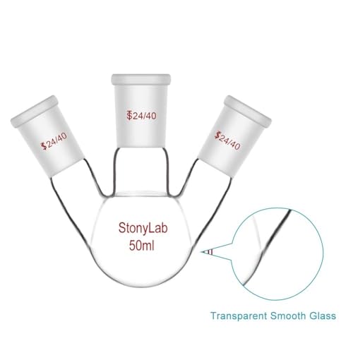 StonyLab Glass 50ml Heavy Wall 3 Neck Round Bottom Flask RBF, with 24/40 Center and Side Standard Taper Outer Joint β 50ml