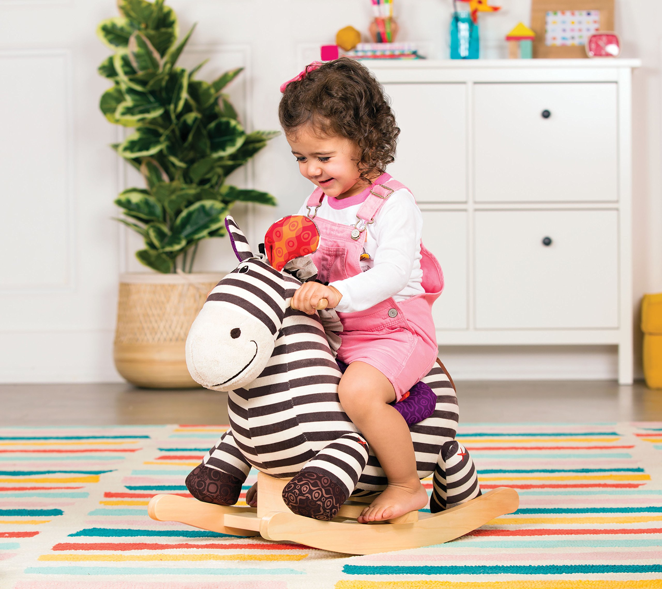 B. toys by Battat Kazoo Wooden Rocking Zebra – Rodeo Rocker – Plush Ride On Zebra Rocking Horse for Toddlers and Babies 18m+, B. Rocking Zebra