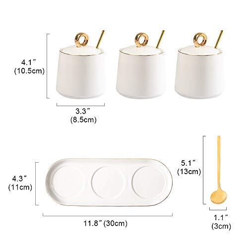 White Ceramic Sugar Bowls Condiment Pots Spice Jars Seasoning Box Set with Lid Spoon and Tray-Sets of 3