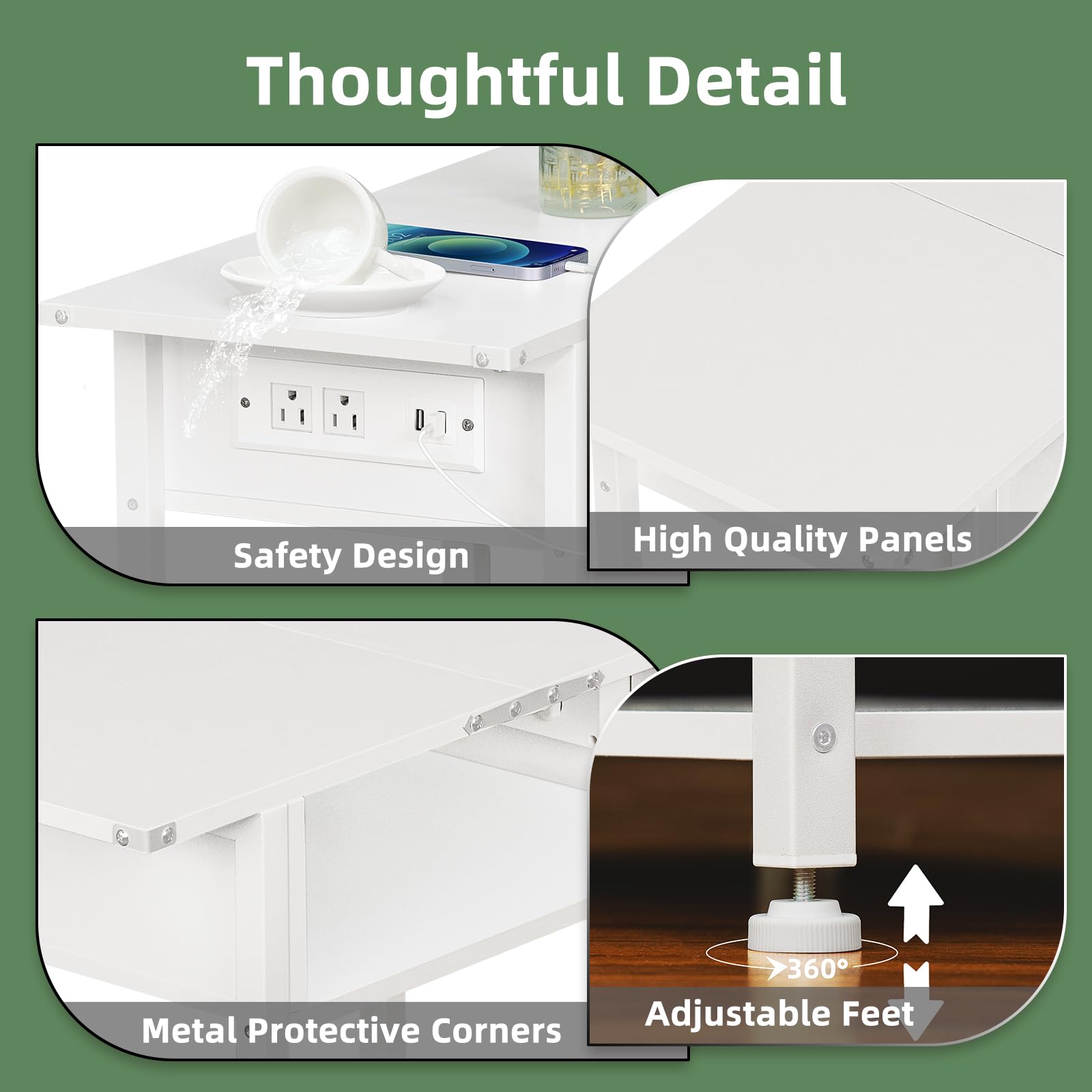 Lerliuo Side Table with Charging Station,Narrow End Table with USB Ports and Outlets,White Skinny Nightstand with Open Storage Shelf for Small Space,Slim Sofa Bedside Table for Living Room Bedroom