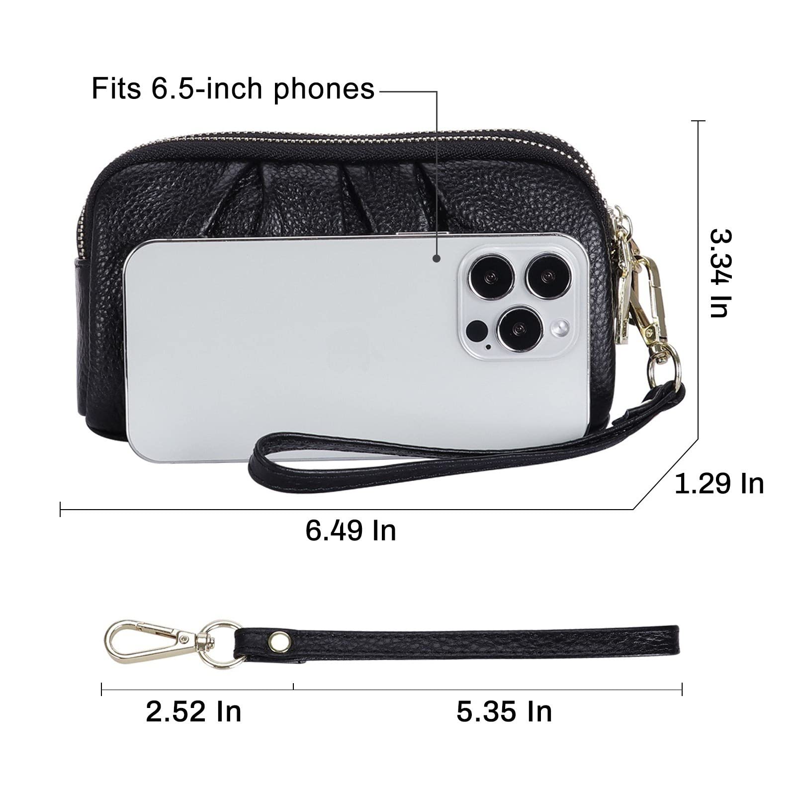 Wristlet Wallets for Women Genuine Leather Wristlet Purses Ladies Ruched Wristlet Clutch Wallet Purses, Black