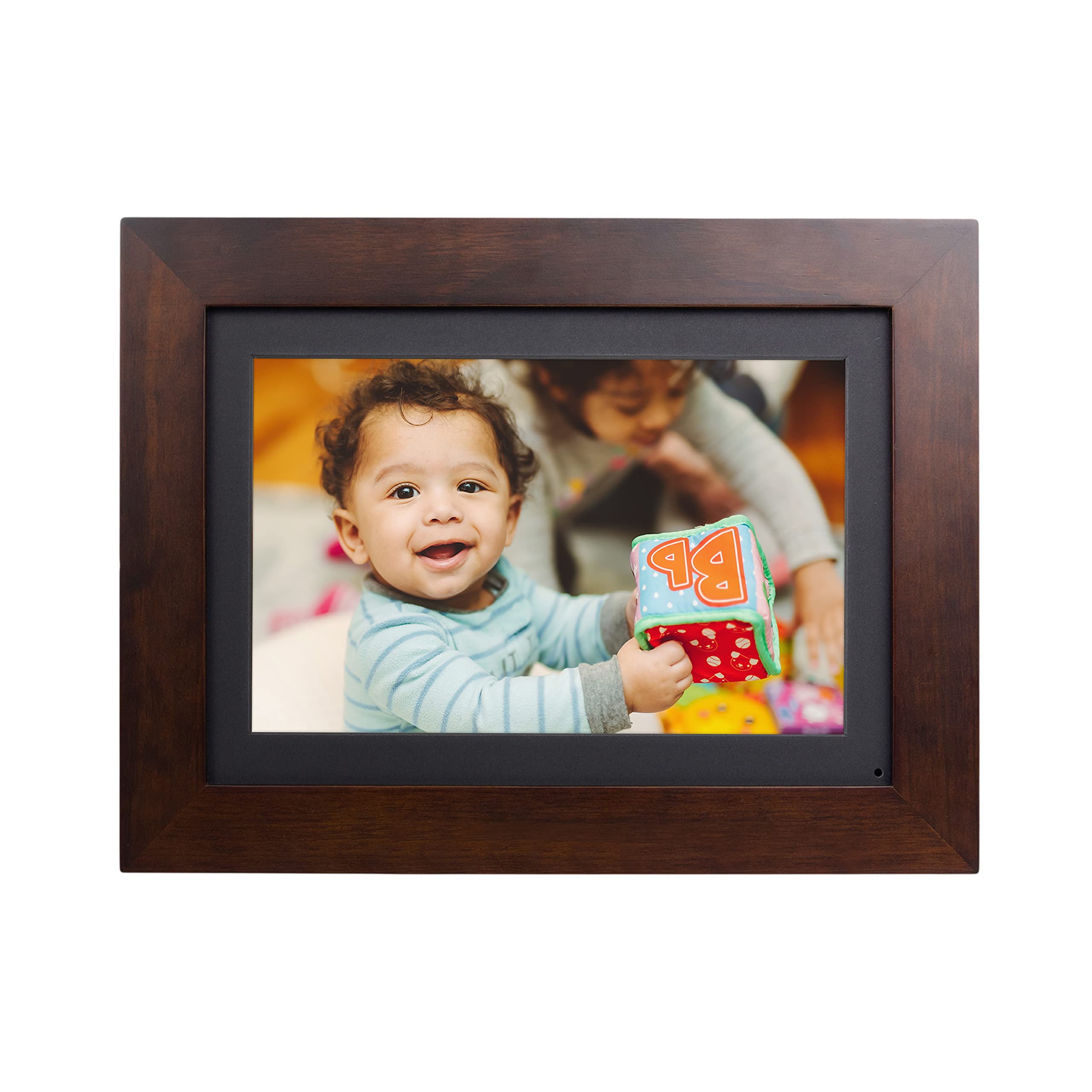 Simply Smart Home Photoshare 8” WiFi Digital Picture Frame, Send Pics from Phone to Frames, 8 GB, Holds 5,000+ Photos, HD Touchscreen, Espresso Wood Frame, Easy Setup, No Fees