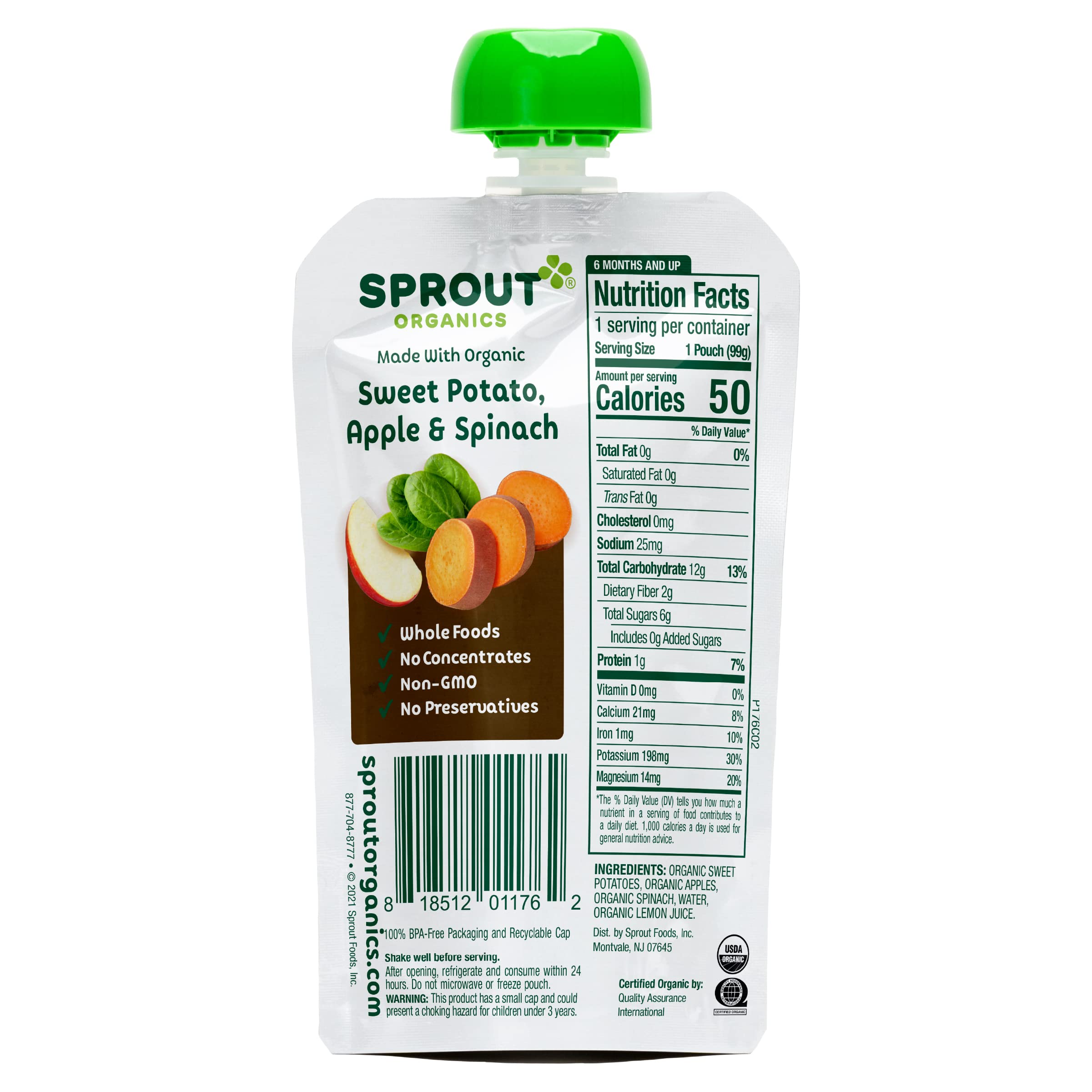 Sprout Organic Baby Food, Stage 2 Pouches, Sweet Potato Apple and Spinach, 3.5 Oz Purees (Pack of 12)