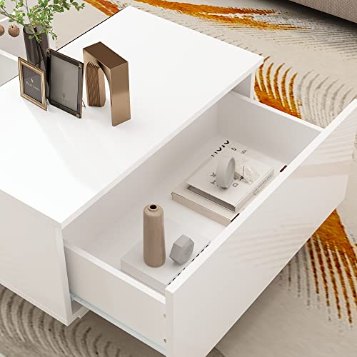 ECACAD Modern LED Coffee Table with Drawers & Open Compartments, Rectangle Coffee Center Table with Glass Top for Living Room, Bedroom, White (47.4" W x 23.6" D x 13.9" H)
