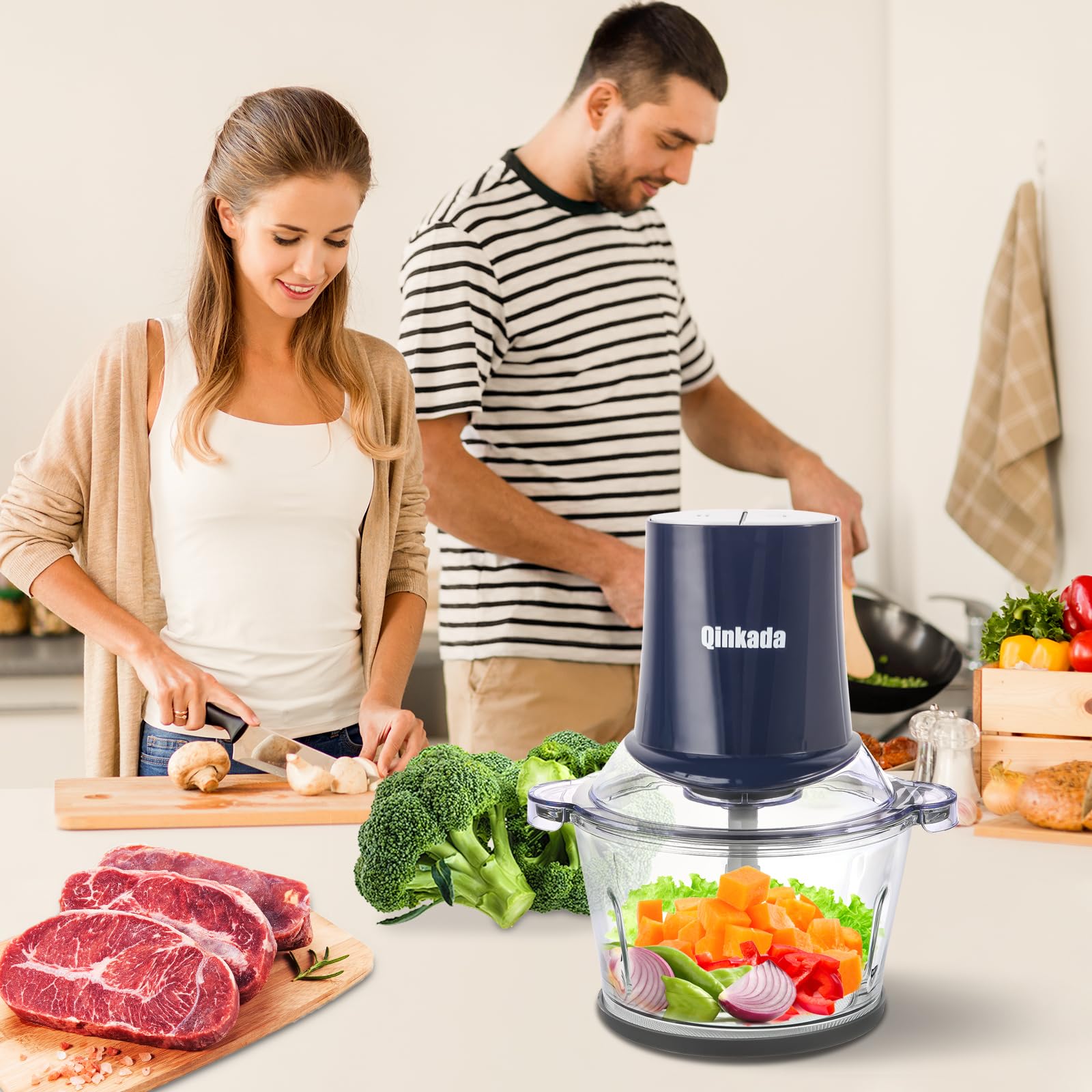 Qinkada Food Processors with 2 Bowls, 400W Meat Grinder, Food Chopper Electric, 2 Speed, 8Cup Glass and 8Cup 304 Stainless Steel, 2 Blades, Spatula (Blue)