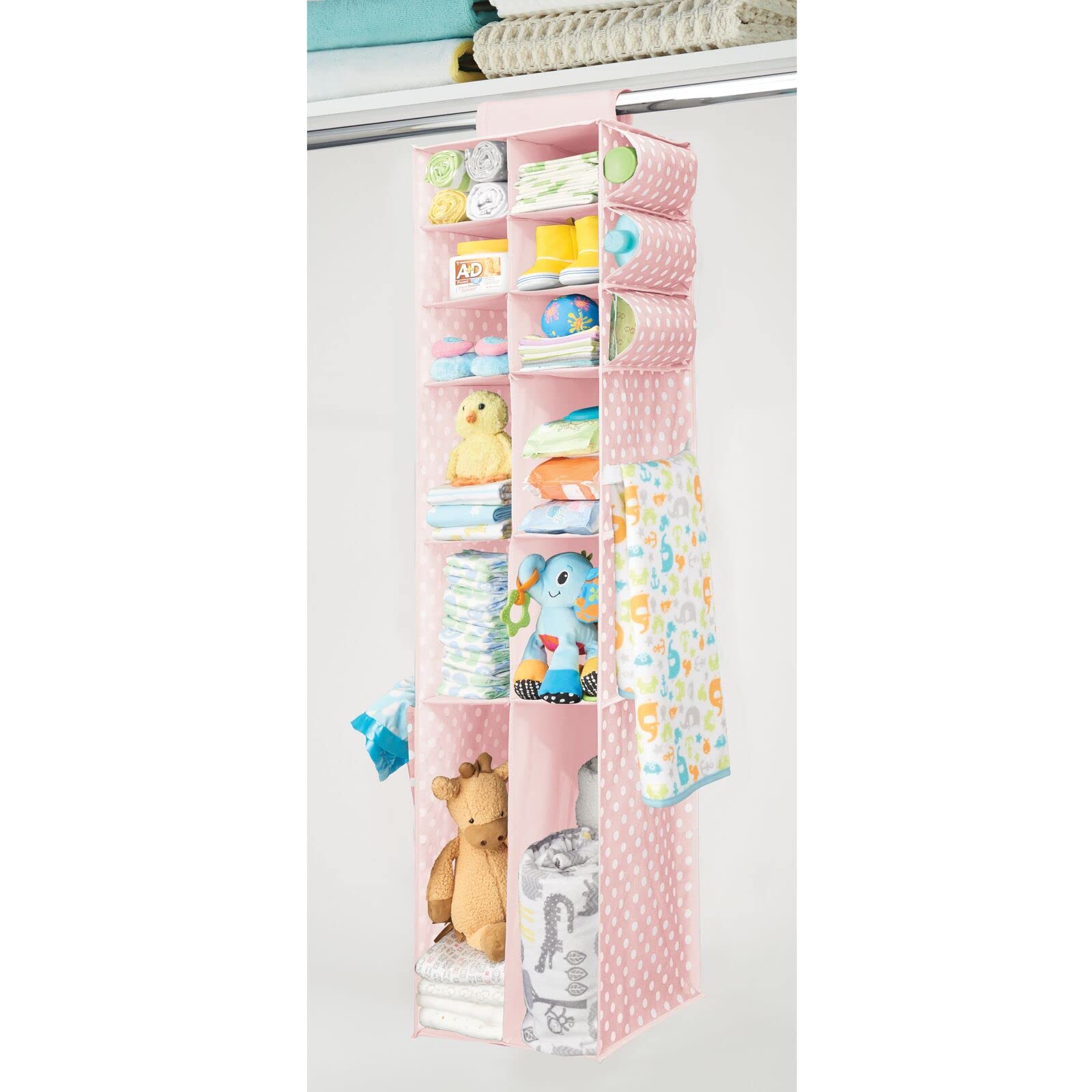 mDesign Long Soft Fabric Over Closet Rod Hanging Storage Organizer with 12 Divided Shelves, Side Pockets for Child/Kids Room or Nursery, Store Diapers, Wipes, Lotions, Toys - 2 Pack - Pink/White