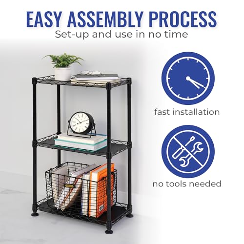 SafeRacks - NSF Certified Storage Shelves, Zinc, Heavy Duty Steel Wire Unit with Wheels and Adjustable Feet, Garage or Bakers Rack, Kitchen, Pantry Shelf - (18"x10"x30" 3-Tier) (Black)