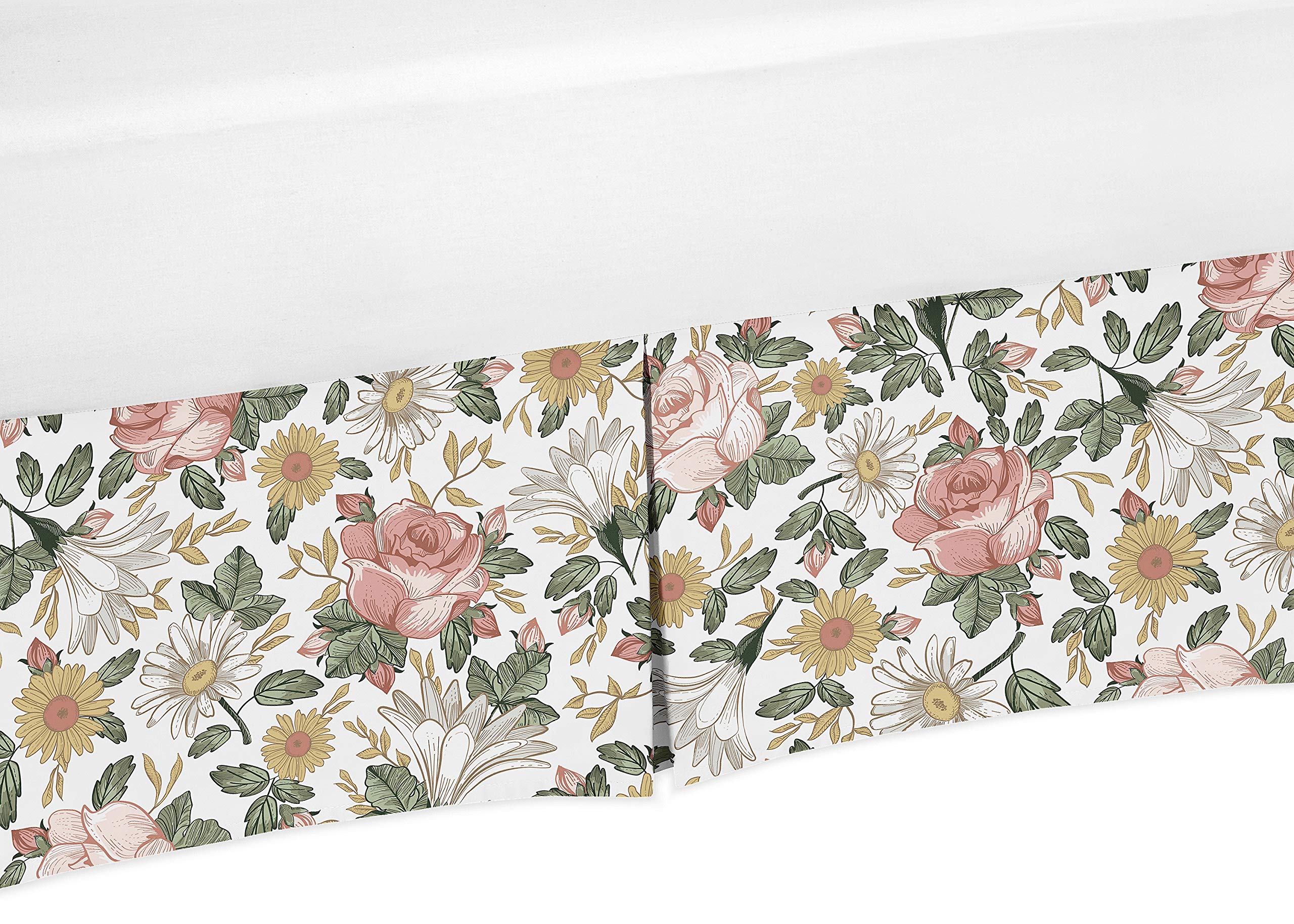 Sweet Jojo Designs Vintage Floral Boho Girl Pleated Baby Nursery Crib Bed Skirt Dust Ruffle - Blush Pink, Yellow, Green and White Shabby Chic Rose Flower Farmhouse