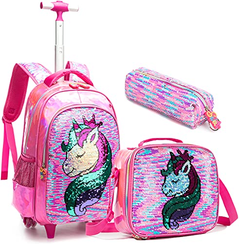 Egchescebo School Kids Rolling Backpack for Girls and Boys With Wheels Trolley Wheeled Backpacks for Girls Travel Bags 3PCS Girls and Boys Backpack With Lunch Box Rose Red