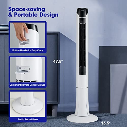 COSTWAY Tower Fan with Remote Control, Portable 47.5-Inch Standing Floor Fan with 80˚ Oscillating, 15H Timer, 3 Modes and 3 Speeds, Quiet Bladeless Fan for Bedroom Living Room Office, White