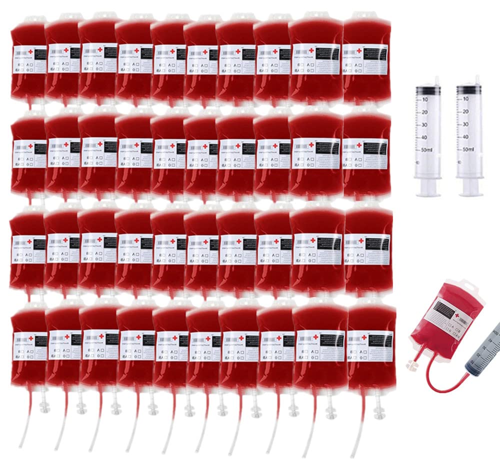 40 Packs Halloween Decorations Blood Bags for Drink, Reusable Drink Cups Containers with Syringe and Clips Pouch Prop for Doctor Nursing/RN Graduation Zombie Vampire Party Supplies