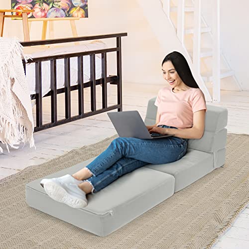COSTWAY Triple Fold Down Sofa Bed, 3-in-1 Fold Floor Couch Lounge Sleeper with Thick Cushion, Flock Fabric, Convertible Design, Portable Single Guest Bed Mattress for Living Room Bedroom (Grey)
