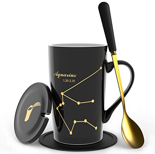 Fullcci -15oz Aquarius Birthday Gift Ceramic Creative Constellation Zodiac Coffee Mug Set Capacity Upgrade Tea Cup for Cocoa Water Milk Juice (Aquarius-Black Gold)