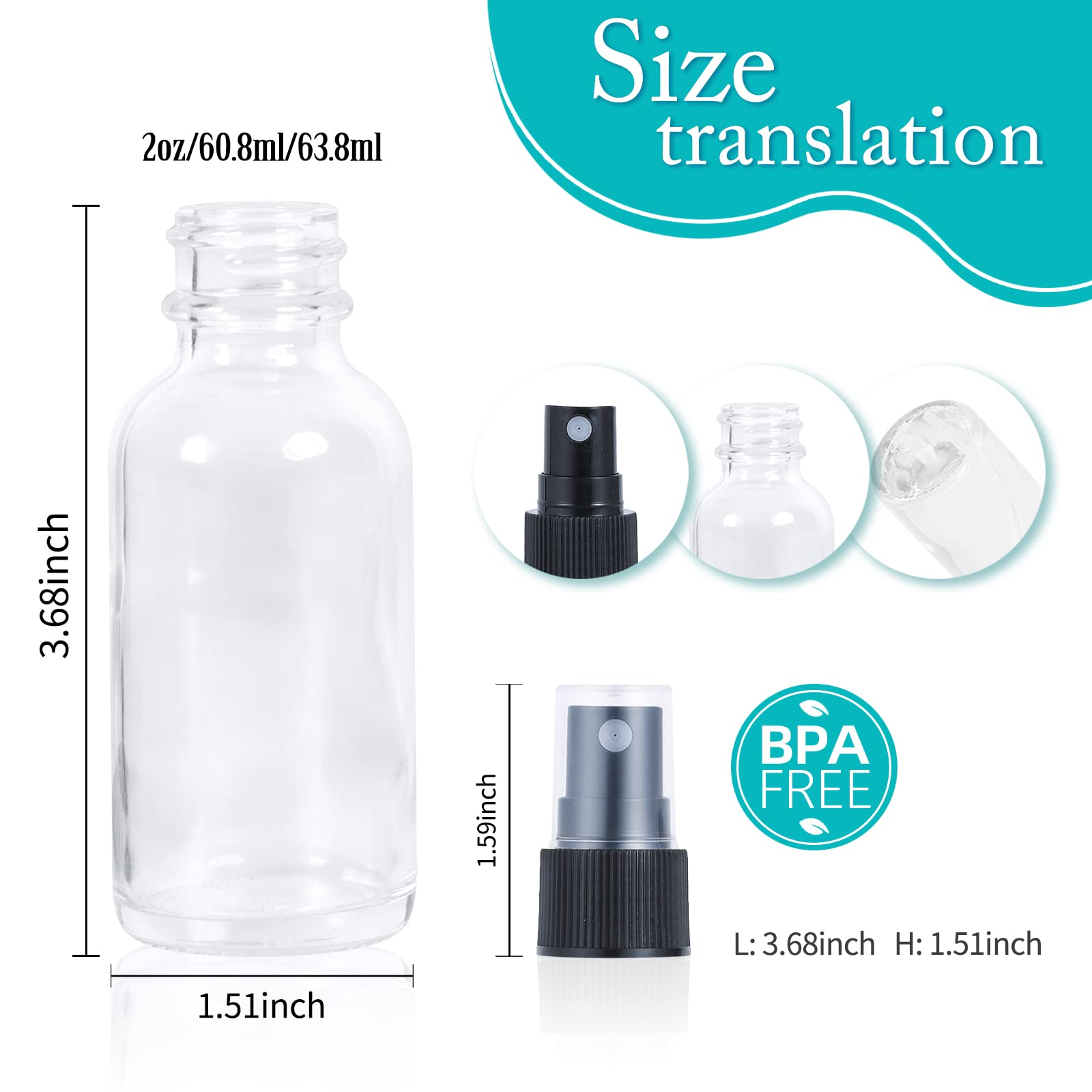 YONKAN 2oz Glass Spray Bottle, Fine Mist Boston Glass Bottles with Black Fine Mist Sprayer Small Clear Bottles for Essential Oils, Bath, Beauty, Hair & Cleaning, Clear, Pack of 48