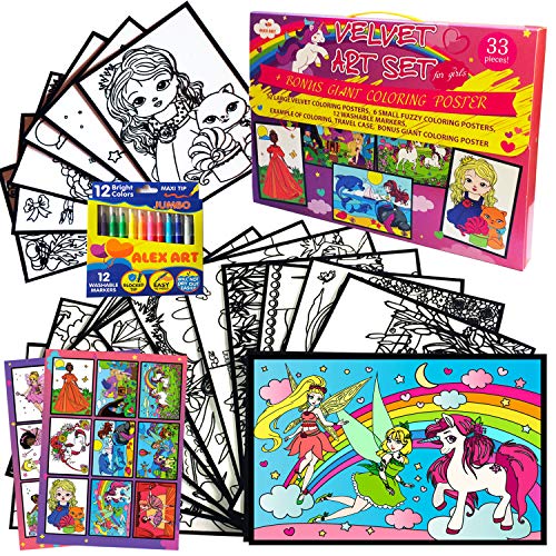 Velvet Coloring Posters for Girl Gifts - Unicorn Princess Arts and Crafts Kit - Creative Art Set - Best Christmas Birthday Gift for 5 6 7 Year Old Girls - Fuzzy Posters to Color for Kids Ages 6-8