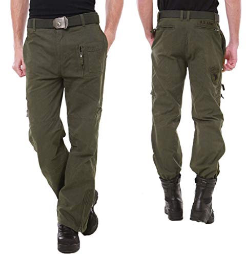CRYSULLY Men's Casual Trousers Cotton Wild Cargo Pant Combat Wear Work Pants with Zipper Assault Pants Army Green