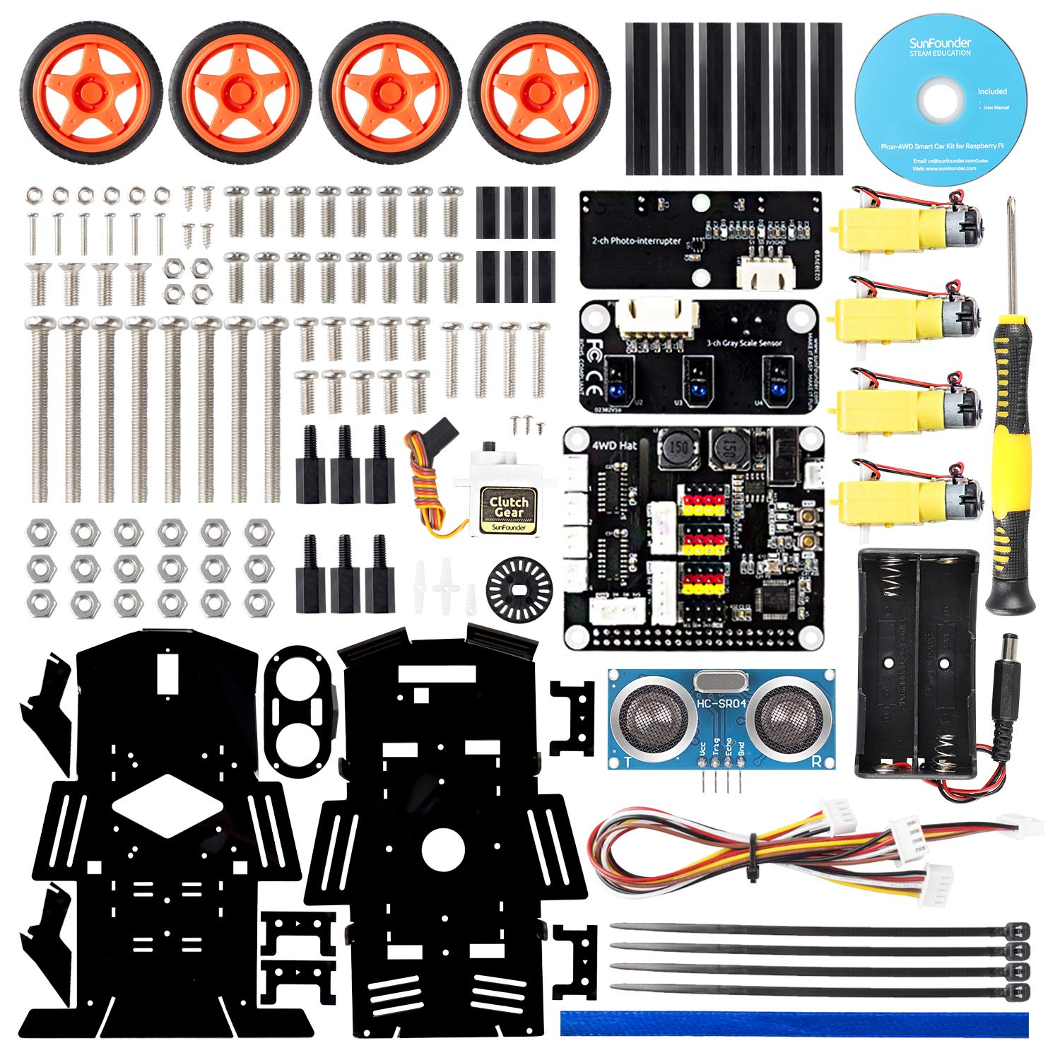 SunFounder Robot Car Kit for Raspberry Pi, 4WD HAT Module, Ultrasonic Sensor, Velocity Measurement Module etc. Electronic DIY Robot Kit for Teens and Adults, Raspberry Pi/TF Card/Battery not Included