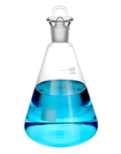 QWORK 1000ml Lodine Flask with Stopper, Thick Wall Flask with 24/29 Standard Conical Outer Connection, Heavy Duty Borosilicate Glass Erlenmeyer Flask Interchangeable Stopper, Conical Shape