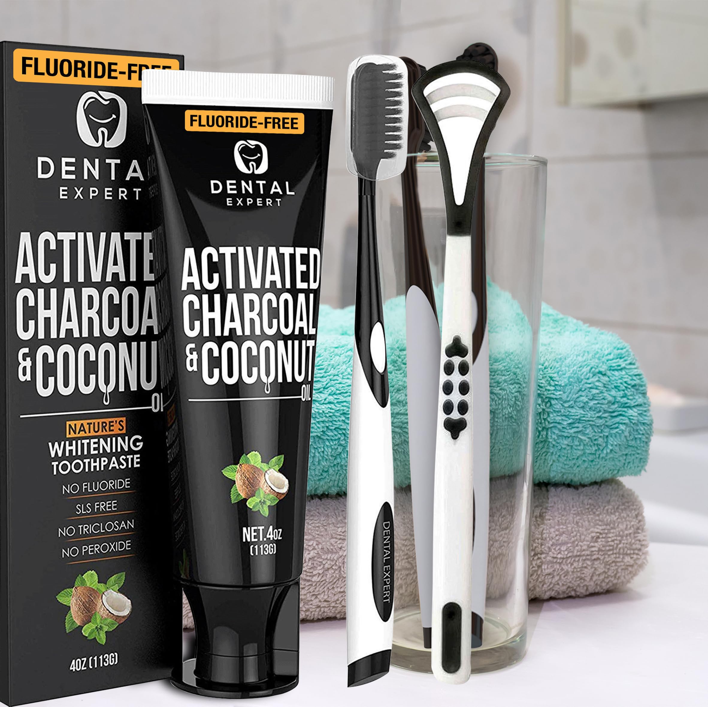 Dental Expert Charcoal Toothpaste Whitening, SLS Free, Tongue Cleaner & Toothbrush Included, Mint, Removes Coffee Stains from Teeth, 4oz