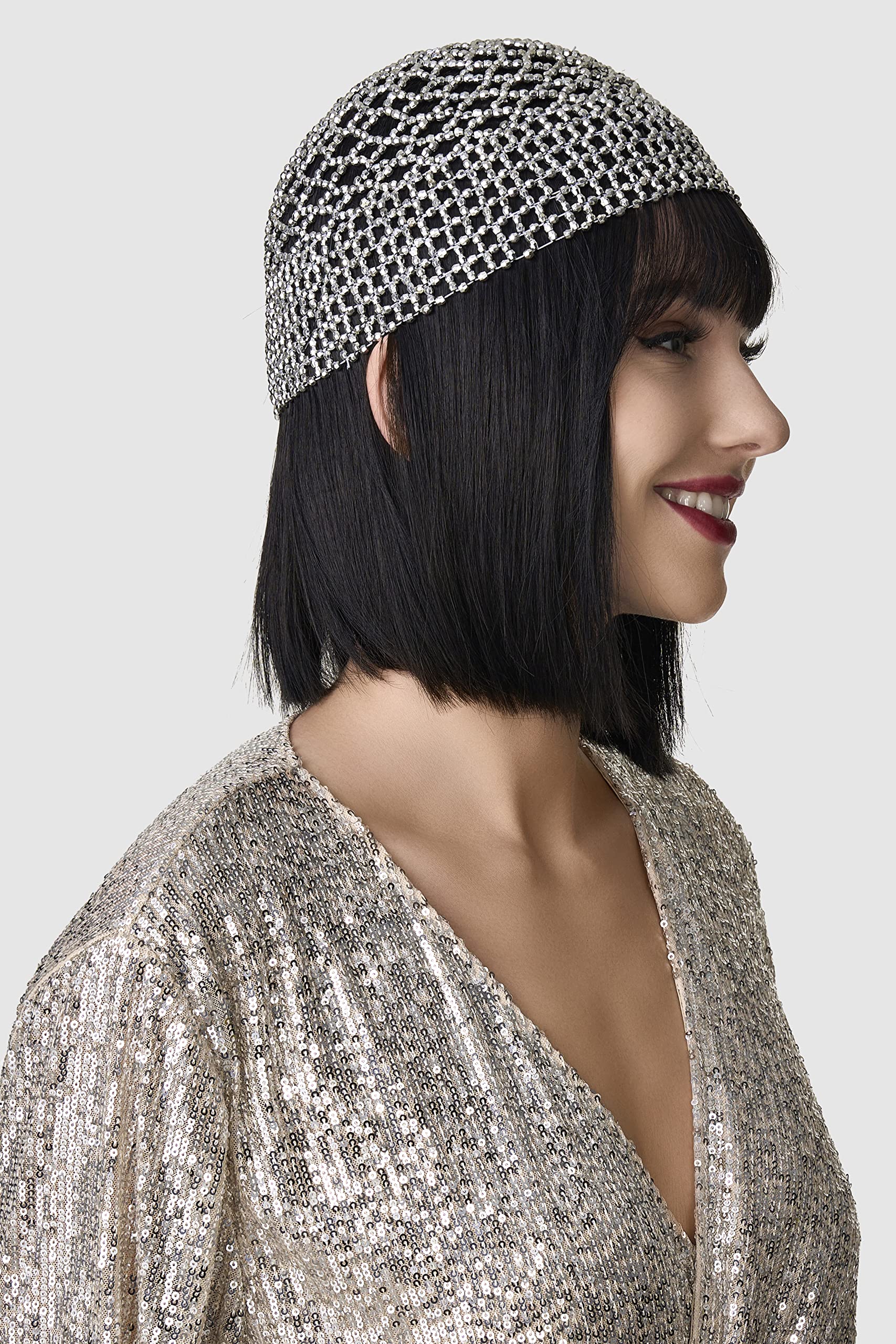 BABEYOND 1920s Beaded Cap Headpiece Belly Dance Cap Exotic Cleopatra Headpiece for Gatsby Themed Party (Silver)