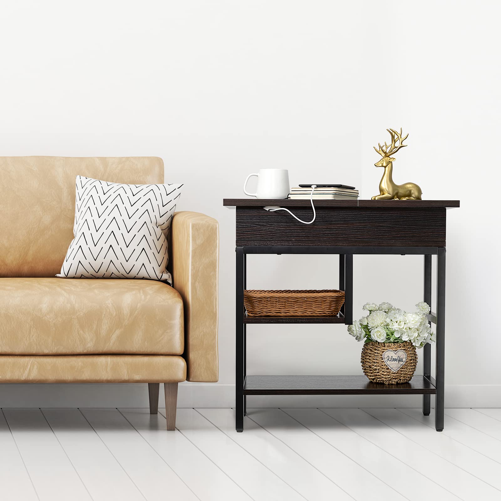 Hadulcet Side Table with USB Ports and Outlets, Narrow Sofa End Table with Storage Shelf for Small Spaces, Nightstand with Charging Station Bedside Table for Living Room, Black Walnut
